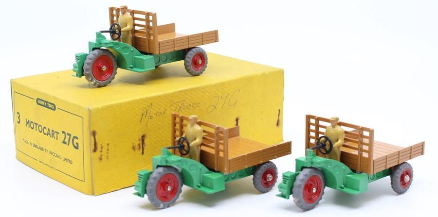 Dinky: A trade box, Dinky Toys, comprising three, 27G, Motocart, green ...