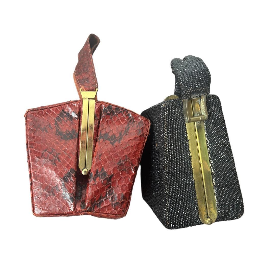 Two 1940s box bags, one in a red snakeskin with gold tone frame and ...