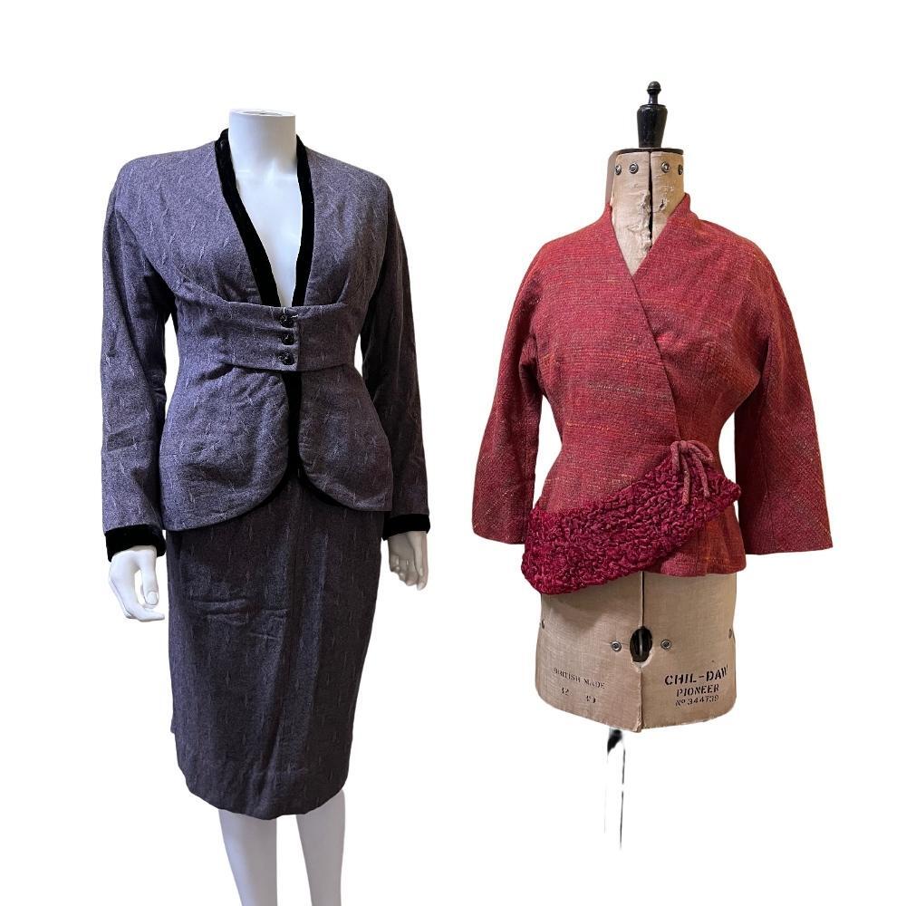 A 1940s suit in a heather marl wool with velvet trim and jacquard ...