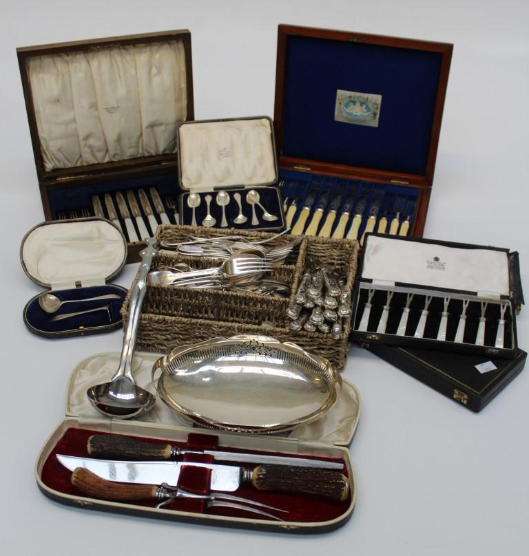 Garrard, two cased sets of eight stainless steel, mother of pearl ...