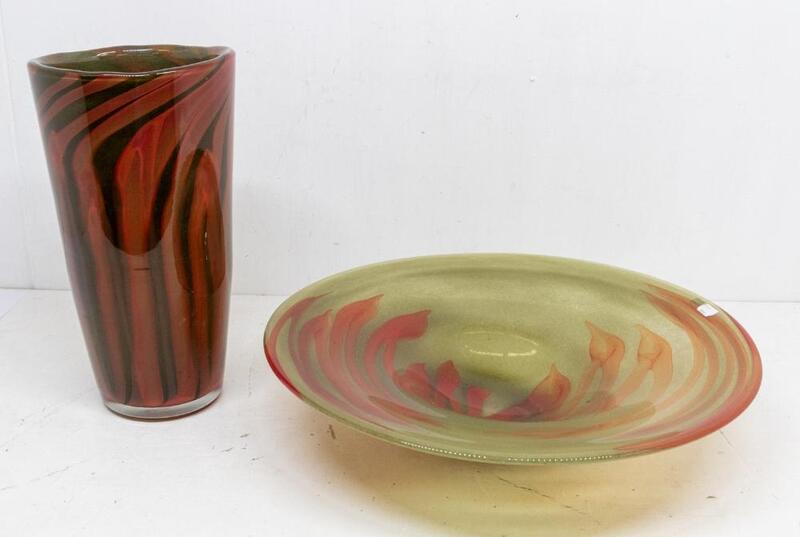 Svaja hand crafted art glass. A large tall vase decorated with brown ...