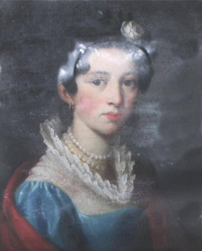 French School (19th Century) Portrait of a Lady blue dress, white ruff ...
