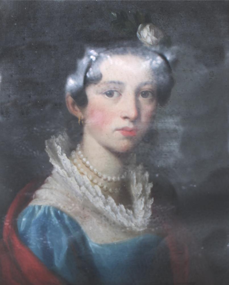 French School (19th Century) Portrait of a Lady blue dress, white ruff ...