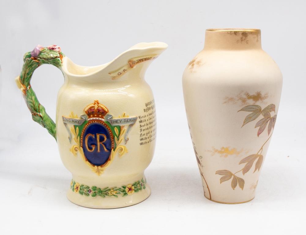 A 1930s Crown Devon musical commemorative jug along with Doulton vase.