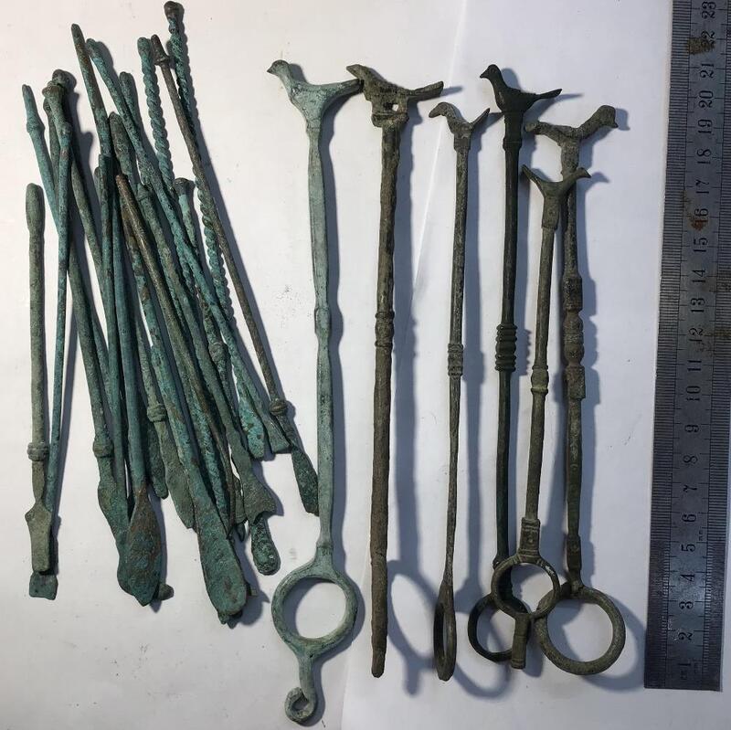 Collection of Bronze and Copper tools and bird topped priest rings all ...