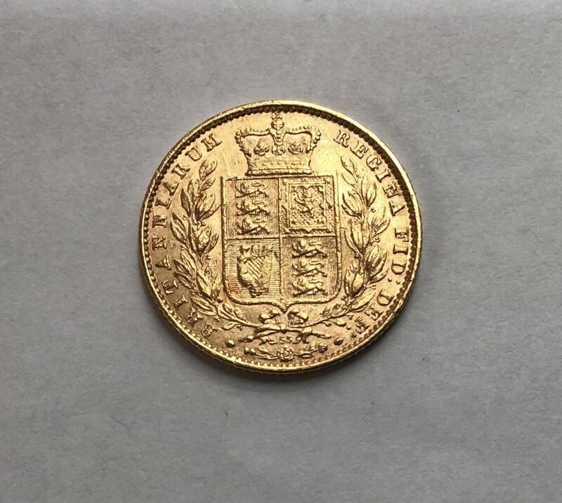 Victorian 1869 Young Head Shield Back Sovereign Die Number 53.
