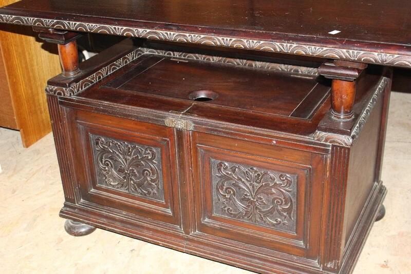 Dark oak monks hall bench with hinged top arms over hinged chest base ...
