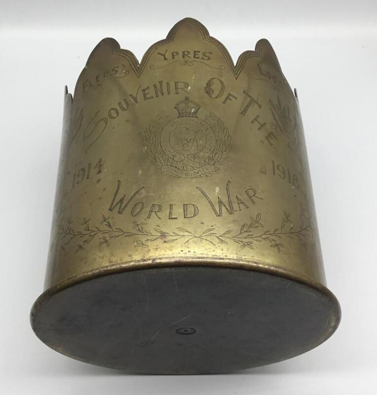 A large calibre, WW1 German trench art shell case, with Royal Engineers ...