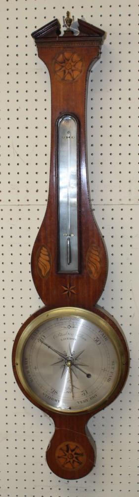 A George III inlaid and chequer strung mahogany banjo barometer, the ...