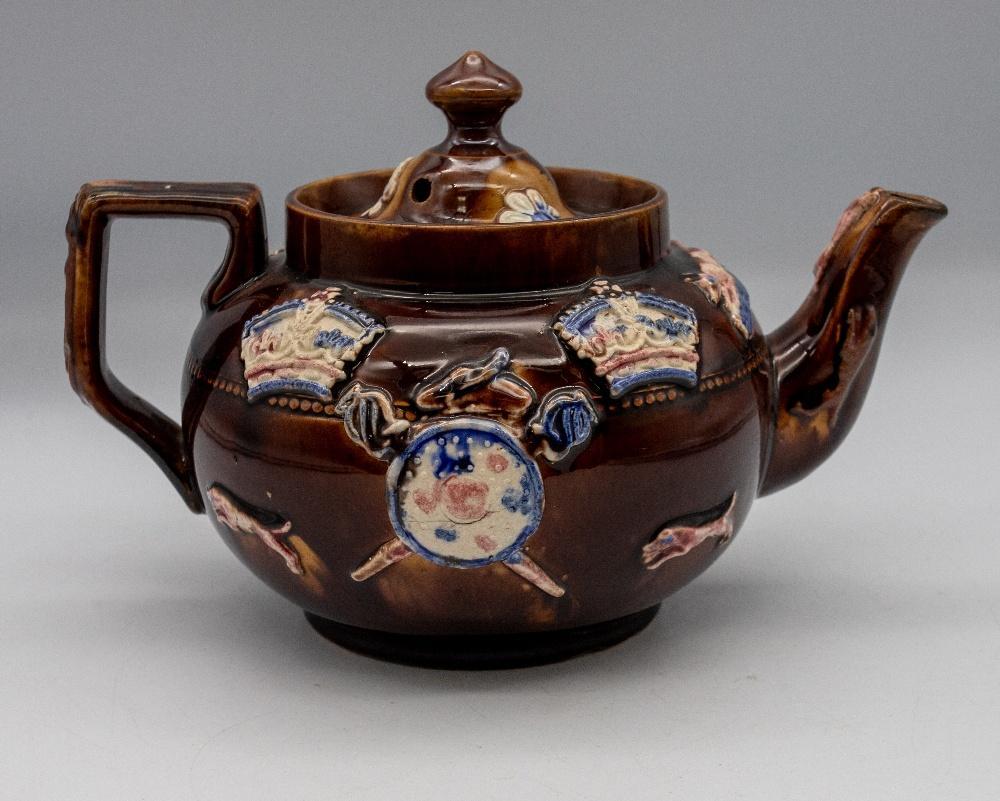 Two late 19th Century barge/Measham ware tea pots. some wear , minor ...