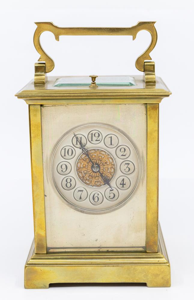 A 20th Century brass carriage clock, French movement, with key