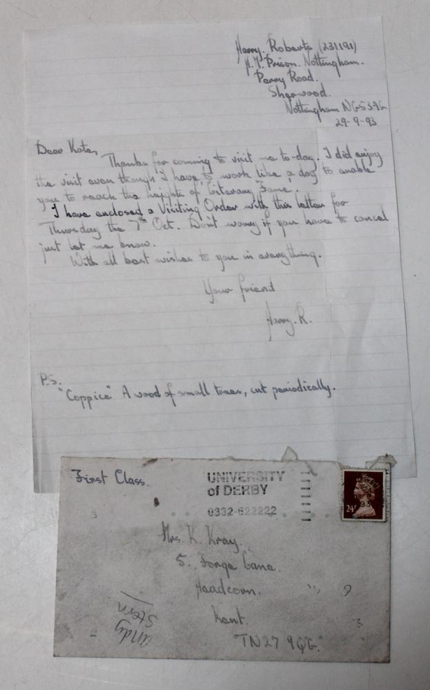 A letter to Kate Kray from Harry Roberts, (convicted of killing three ...