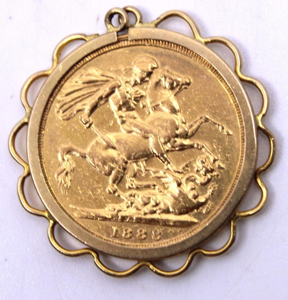 9ct Gold Mounted 1888 Victoria Jubilee Head Full Sovereign The Mount is ...
