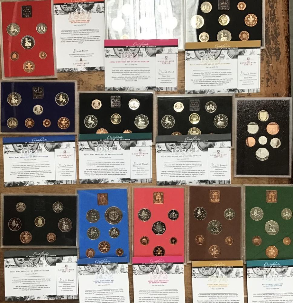 Royal Mint Proof Year sets of 1972, 1973, 1974, 1975, 1981, 1982, 1983, 1984, 1985, 1986, 1988 ...