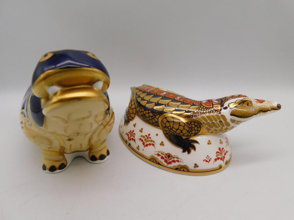Two Royal Crown Derby paperweights to include hippo and crocodile, both ...
