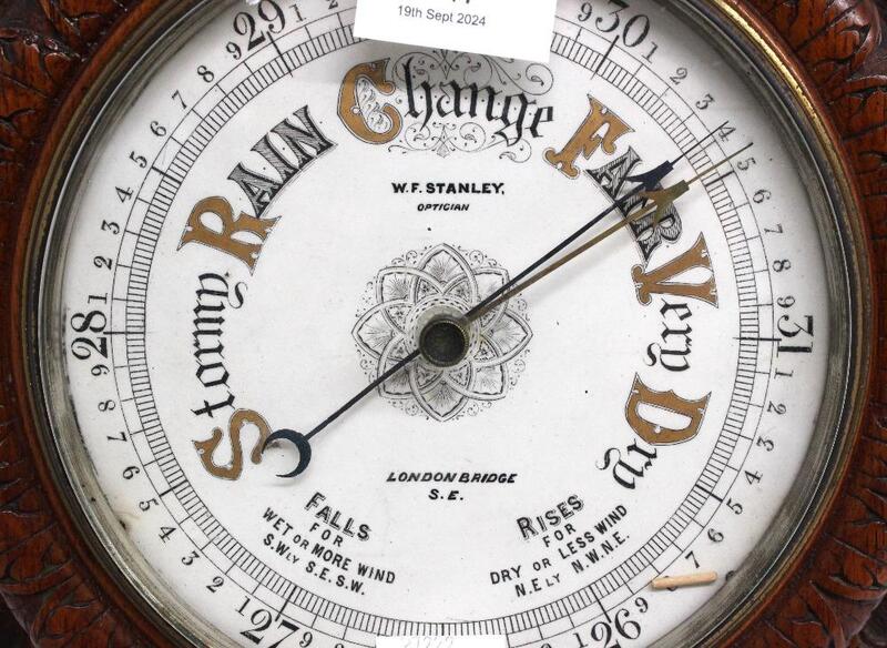 A late Victorian oak wall hanging barometer by W.F. Stanley, London Bridge.