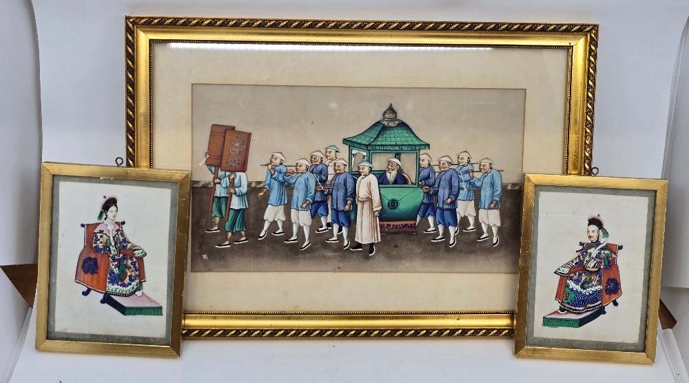 Three late 19th century Chinese rice paper paintings. Two small gouache ...