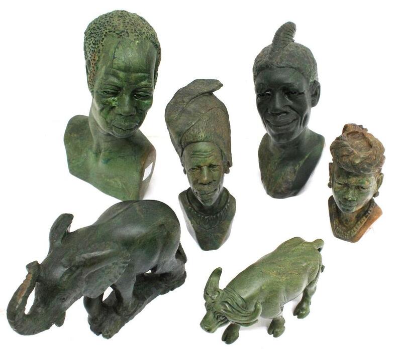Verdite: a collection of six verdite sculptures to include four figural ...