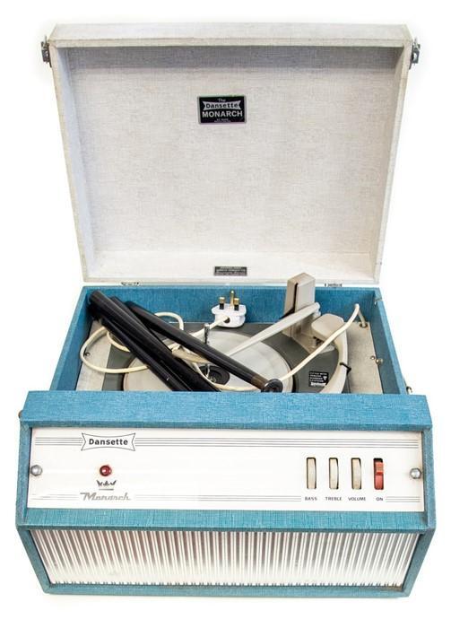 A 1960's Dansette Monarch record player with a blue and cream finish to ...