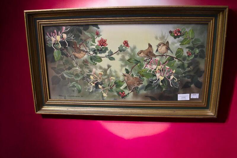 Robin Gibbard (1930 - 2014) wrens in a honeysuckle bush; watercolour on ...