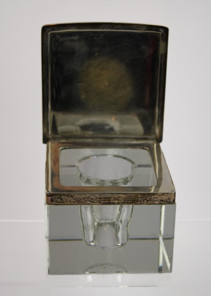 A collection of mixed silver to include a square glass inkwell with ...