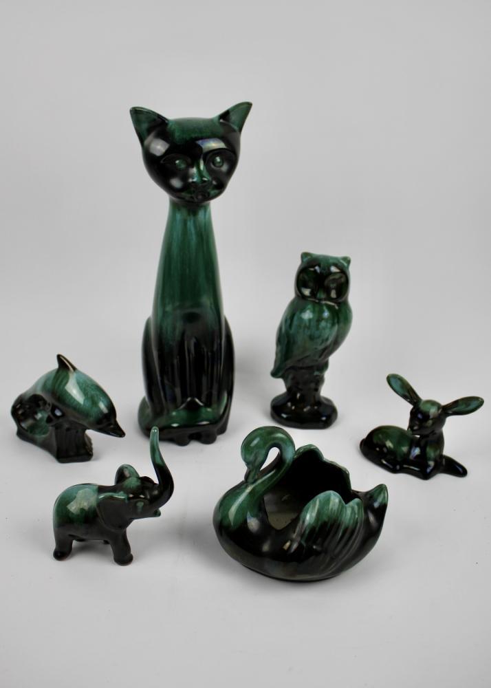 Blue Mountain Pottery (BMP) - Six green glazed ceramic animals ...