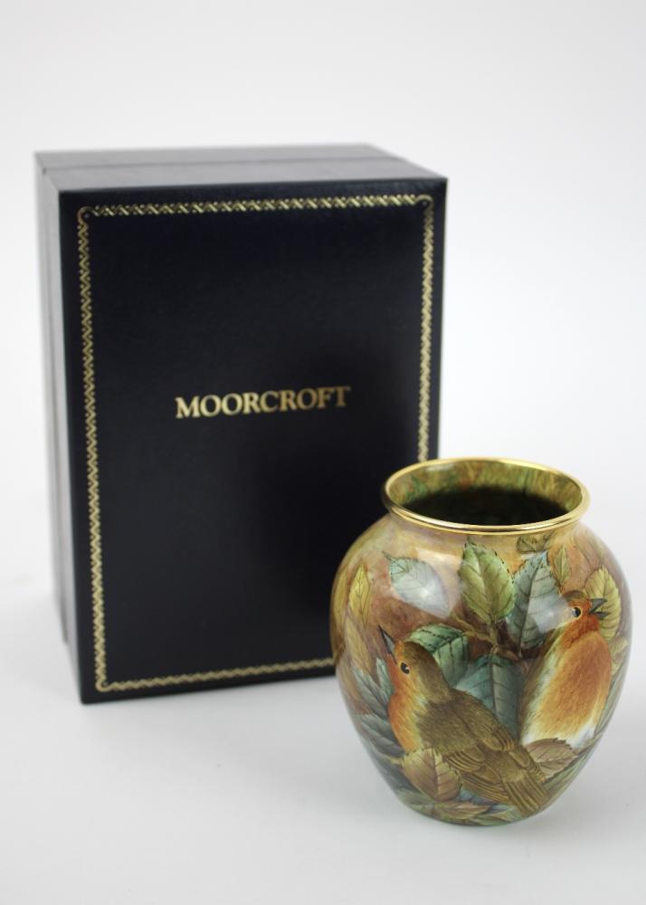 MOORCROFT ENAMEL comprising a rare limited edition Robin vase, numbered ...