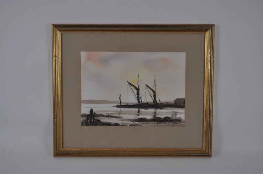 Elizabeth Fishman - Two Barges, watercolour, inscribed verso with ...