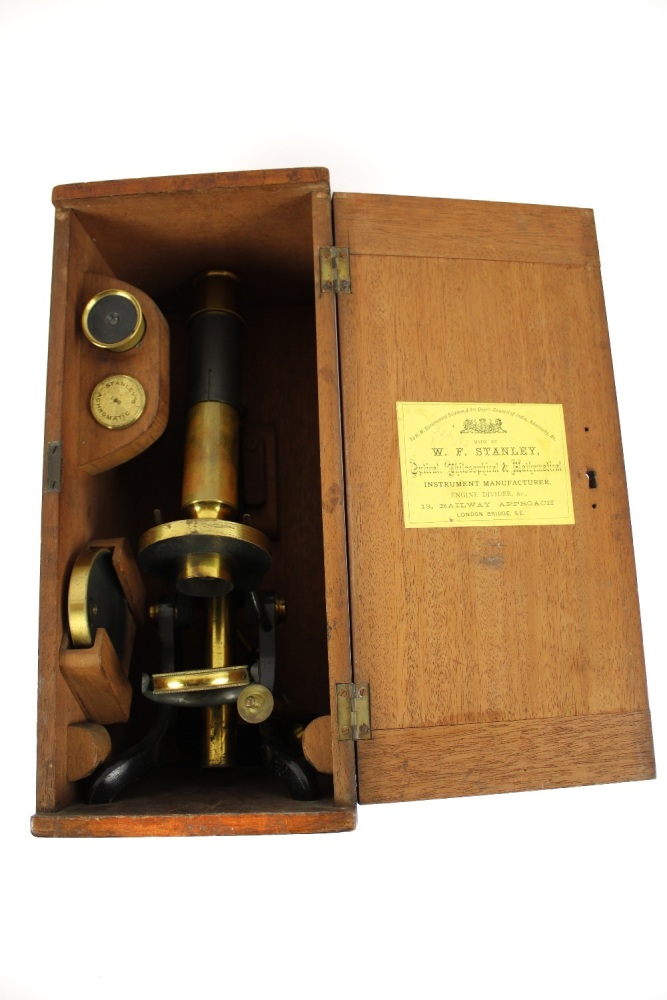 An early 20th Century Microscope stamped W.F STANLEY made of brass and ...