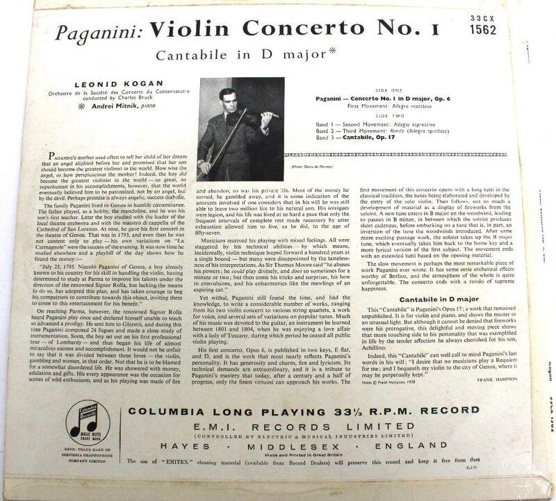 Paganini Violin Concerto No 1 On The Columbia Label, Blue Label With ...