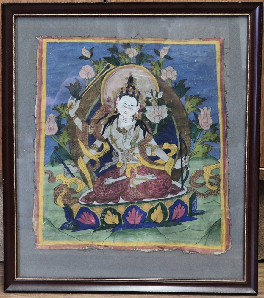 A Sino-Tibetan 19th century thangka, gouache on cloth, 32cm x 29cm ...