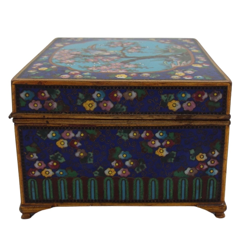 A Japanese cloisonne box, Meiji period, the lid with a turquoise ...