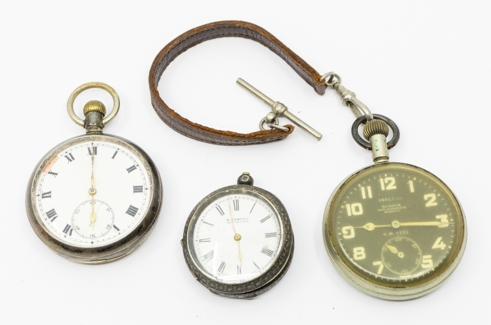 A collection of three pocket watches including a military issue black ...