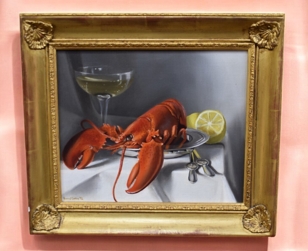 Harriet Gosling (late 20th century), Still life of a Lobster served with glass of wine, oil on ...