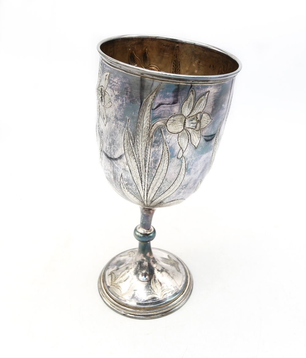 An Art Nouveau silver large goblet, the body chased with four Daffodils ...