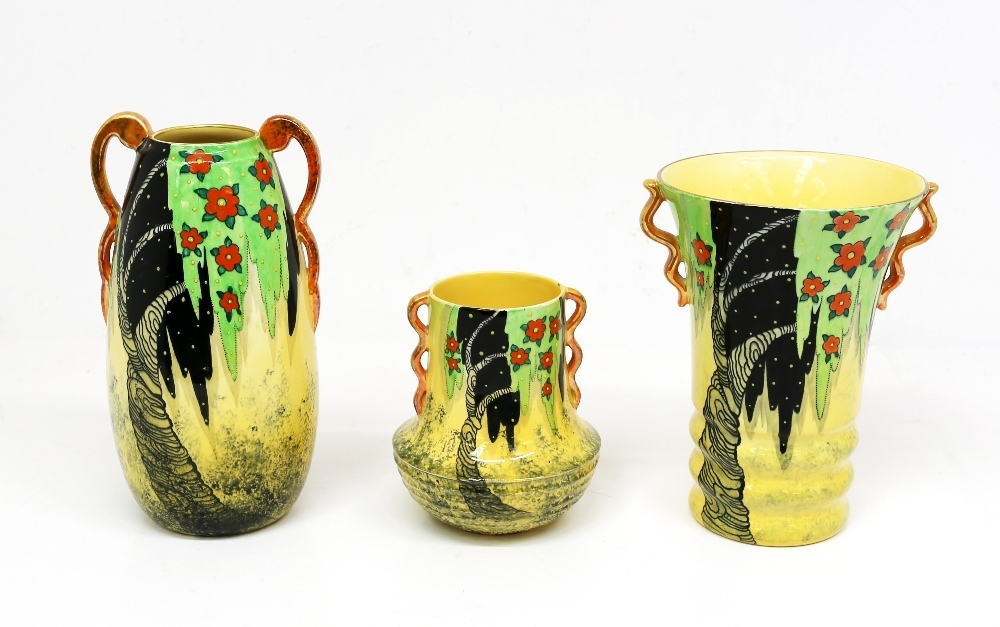 3 Carlton Ware 'Spangle Tree' pattern twin-handled vases with stylised ...