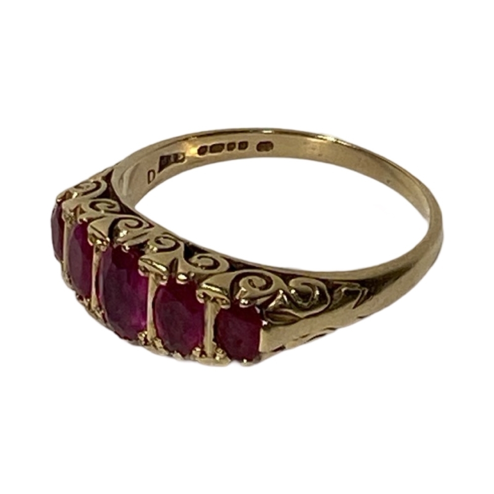 9ct gold rings to include: A 9ct five stone Victorian style ruby ring ...