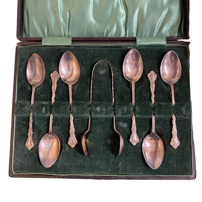 Two Cased sets of Silver Berry Spoons and Teaspoons with Tongs ...