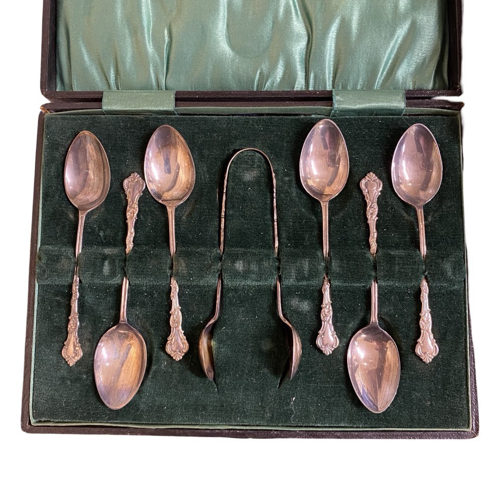 Two Cased sets of Silver Berry Spoons and Teaspoons with Tongs, Combined approx. 133 grams. Both ...