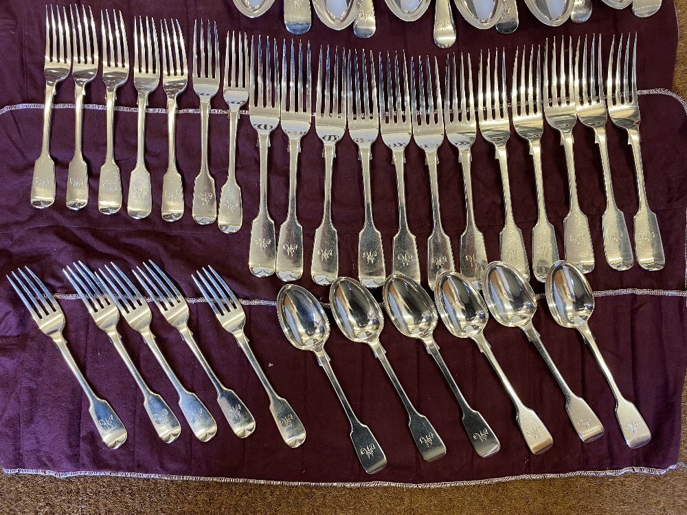 Large collection of fiddle pattern silver cutlery. Weighable silver ...
