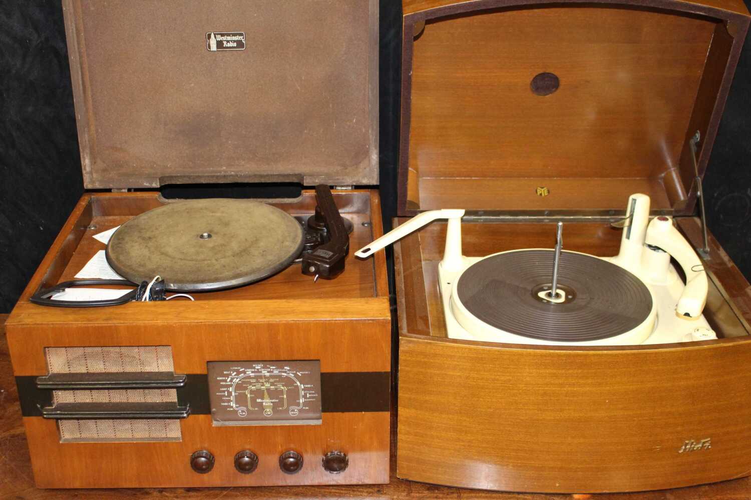 2 x Wooden cased vintage record players, 1 x Westminster Radio with ...