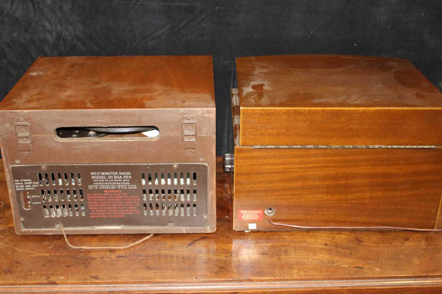 2 x Wooden cased vintage record players, 1 x Westminster Radio with ...