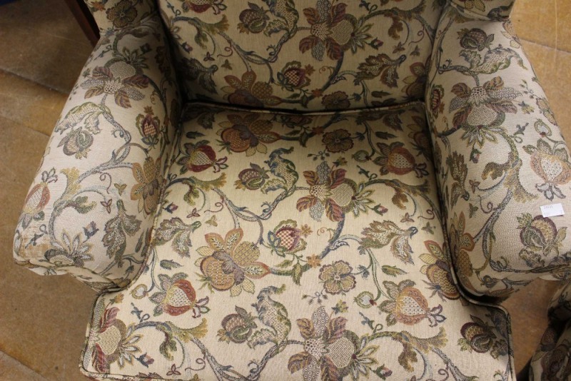 2 x wingback upholstered fireside arm chairs. raised legs. may need a ...