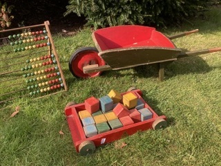 Vintage 1950s Triang Lines Bros toys ; to include a wooden Barrow , a ...