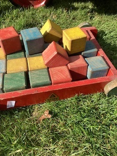 Vintage 1950s Triang Lines Bros toys ; to include a wooden Barrow , a ...