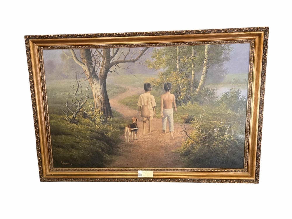 A large oil on canvas gilt framed. Gone fishing for Margo and Peter ...
