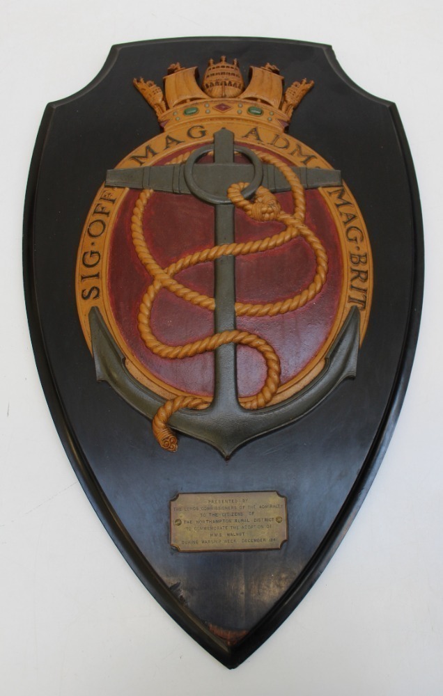 A large painted metal Naval shield commemorating the adoption of HMS ...