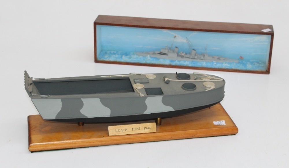 A scratch built model of a D Day landing craft on a plinth base, length ...