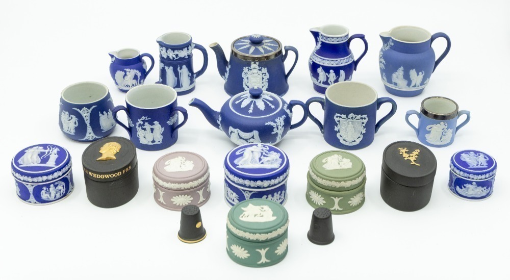 A collection of miniature Wedgwood ceramics comprising: a tea pot with ...