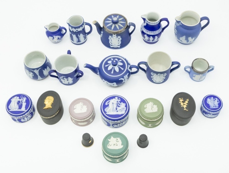 A collection of miniature Wedgwood ceramics comprising: a tea pot with ...